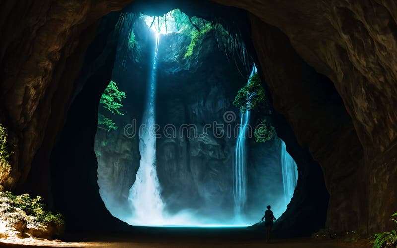 Subterranean Cave Waterfall S Hidden Beauty Stock Illustration ...