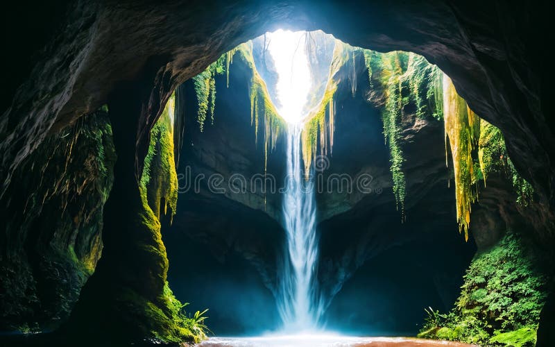 Subterranean Cave Waterfall S Hidden Beauty Stock Illustration ...