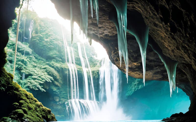 Subterranean Cave Waterfall S Hidden Beauty Stock Illustration ...