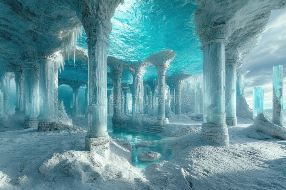 Icy Underground Cavern with Towering Pillars and a Serene Turquoise ...