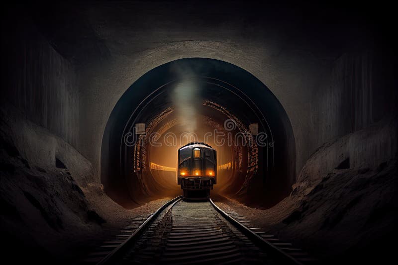 Subterranean Tunnel, with Track and Train Emerging from the Darkness ...