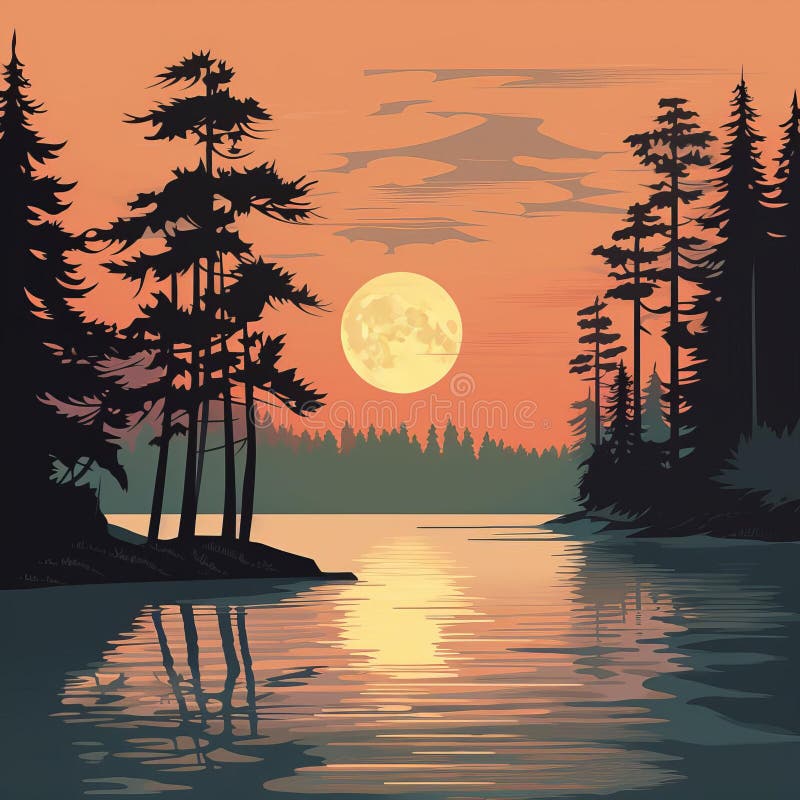 Subtle Crescent Lake Scene Illustration with Tall Trees Silhouette ...