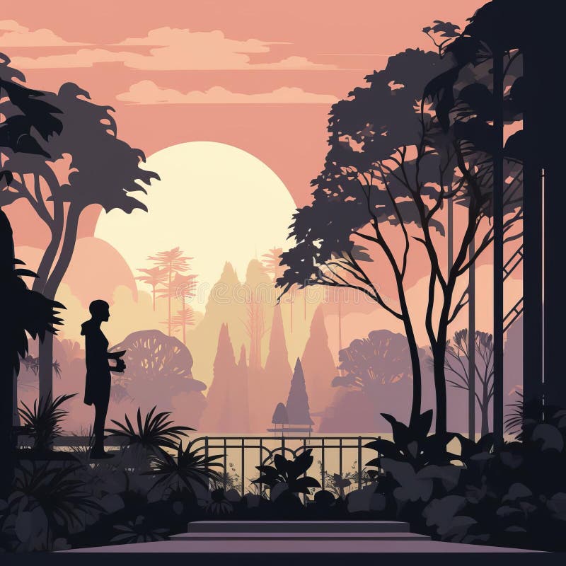 Subtle Garden Scene Illustration with Tall Tree Silhouettes Stock ...