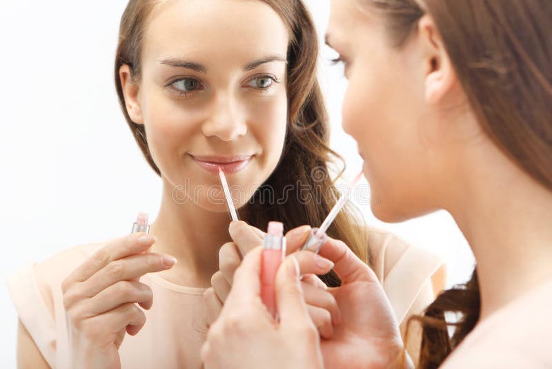 Subtle Makeup Brunette Paints Lips Lipstick Stock Photos - Free ...