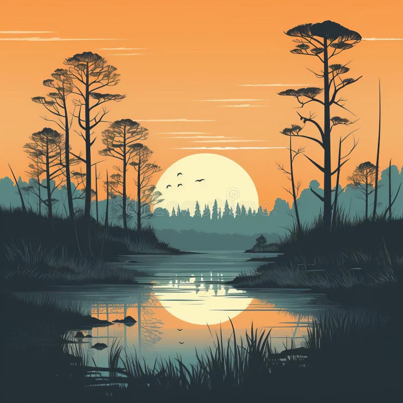 Subtle Marsh Scene Illustration with Tall Tree Silhouettes Stock ...