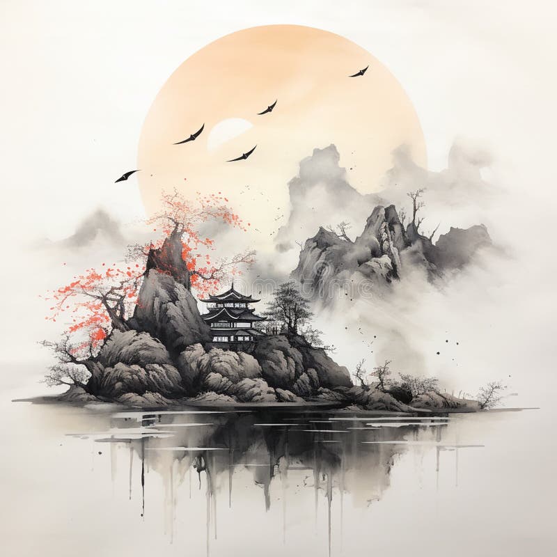 Subtle Mountain Sumi-e Ink Painting Stock Illustration - Illustration ...