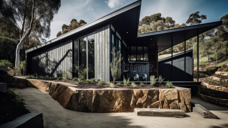 Subtle Rock-cladding Paired with Angular Metal Awnings. AI Generated ...