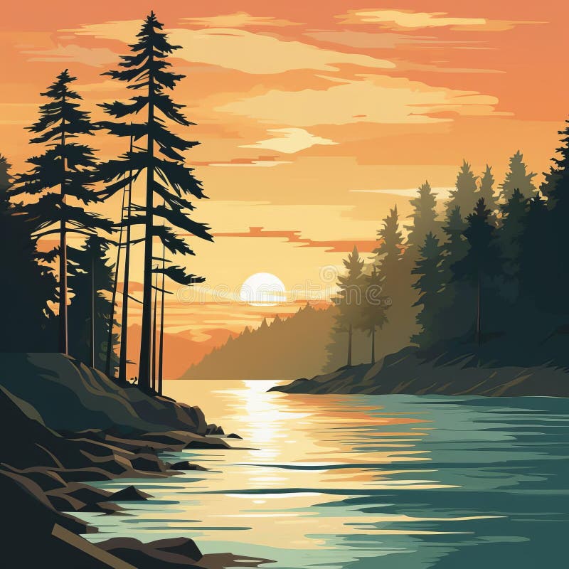 Subtle Shoreline Scene Illustration with Tall Tree Silhouettes Stock ...