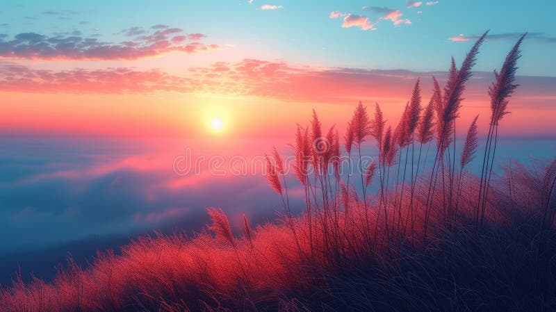 Serene Dawn Landscape with Pastel Sky and Grass Silhouettes Stock Image ...