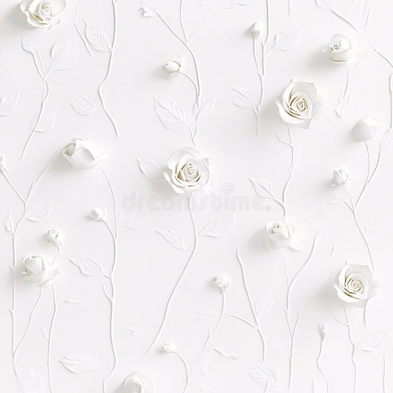 Subtle White Embossed Rose Pattern with Delicate Buds and Stems on ...