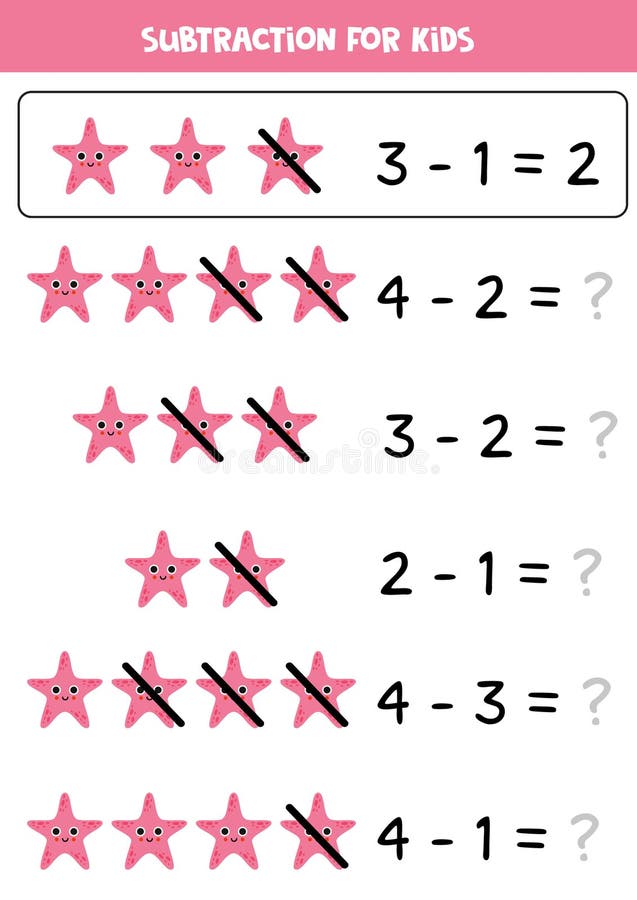 Subtraction with Cute Pink Starfish. Educational Math Game for Kids ...