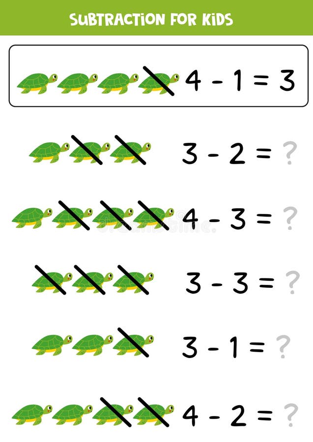 Subtraction with Cute Sea Turtle. Educational Math Game for Kids Stock ...