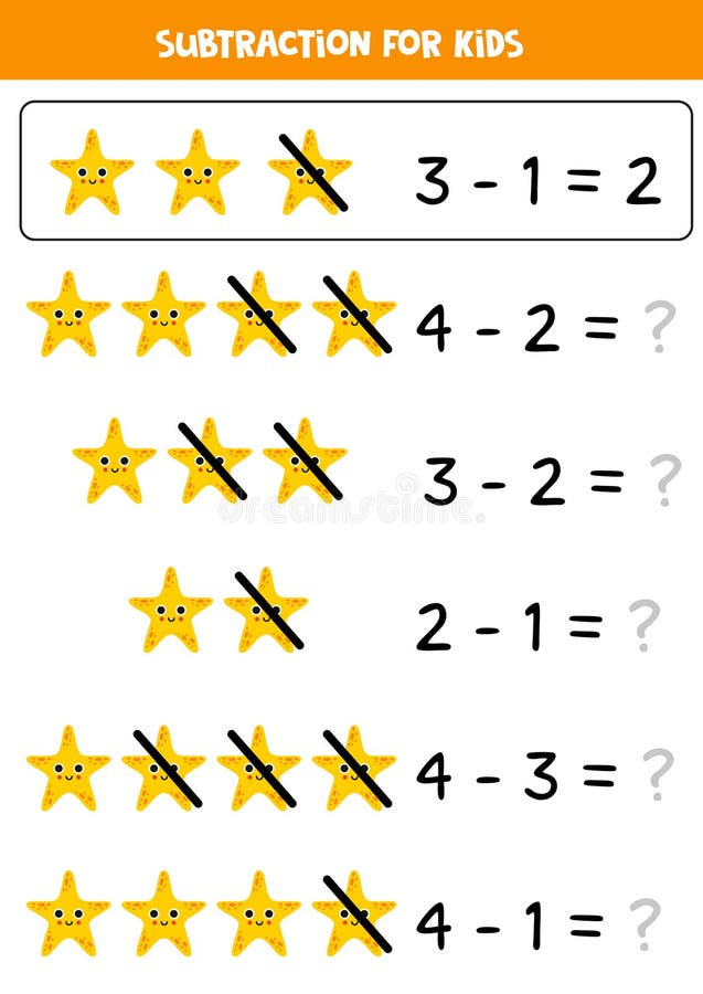 Subtraction with Cute Yellow Starfish. Educational Math Game for Kids ...