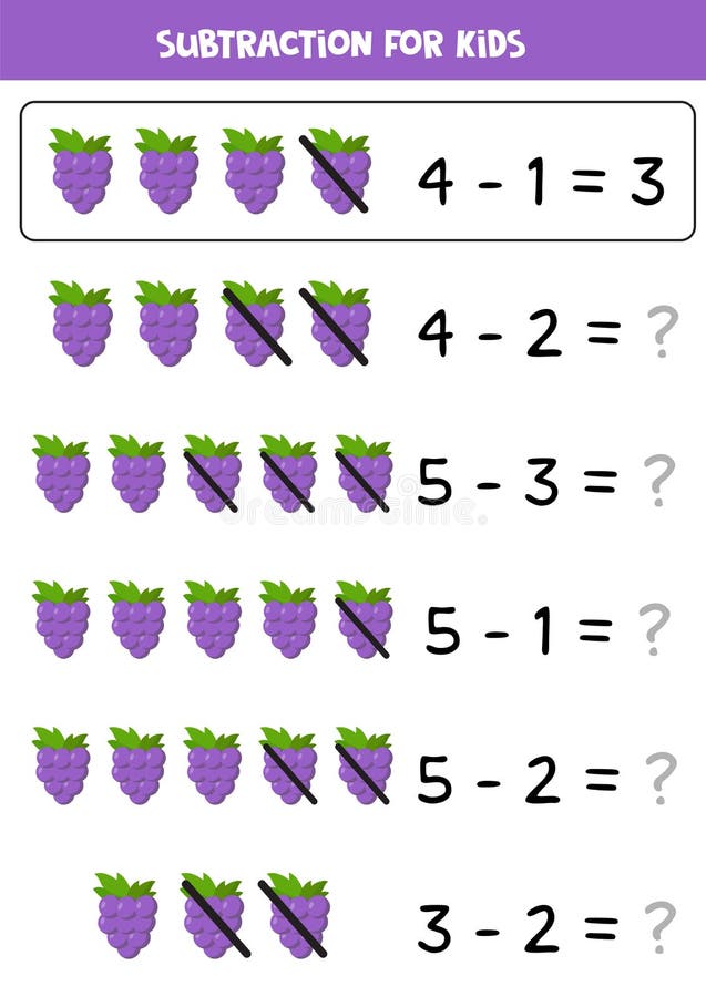 Subtraction for Kids with Cute Cartoon Grapes Stock Vector ...