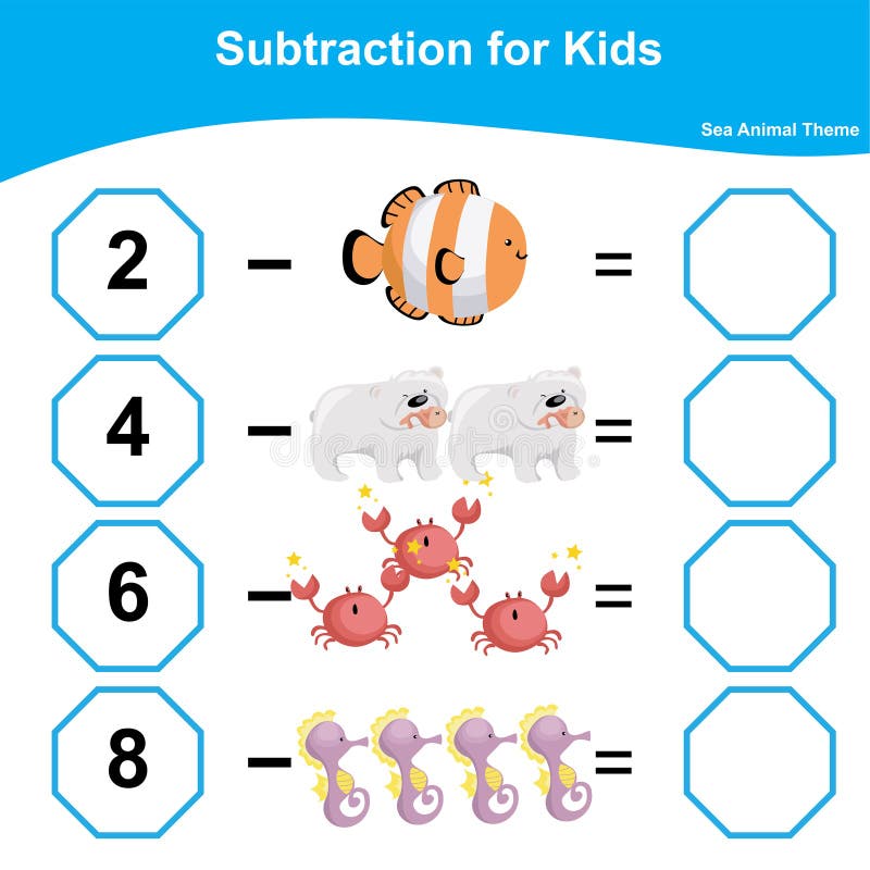 Subtraction Worksheet with Sea Animal Theme Stock Vector - Illustration ...