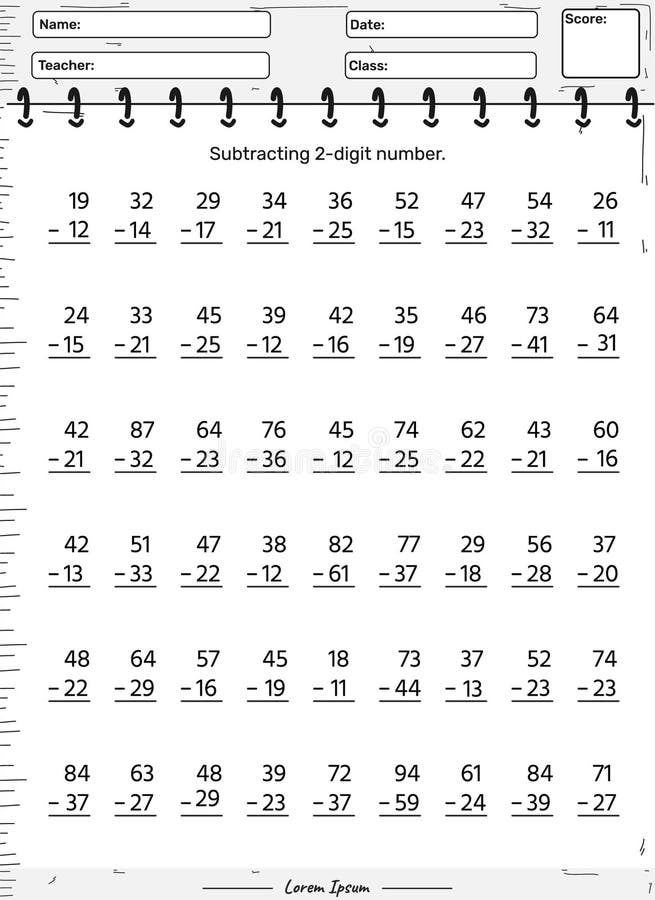 Subtraction Worksheet 2-digit Number Stock Vector - Illustration of ...