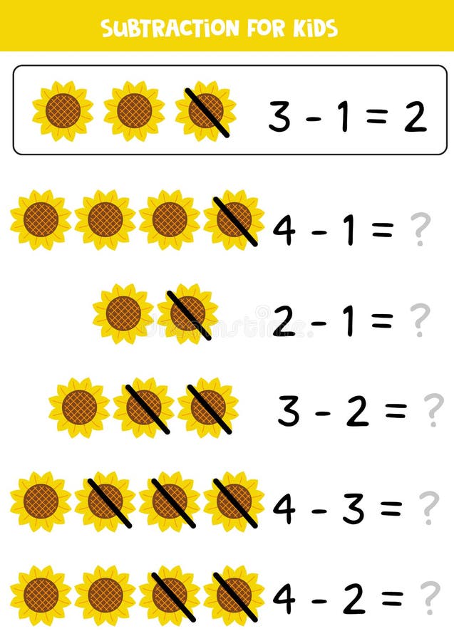 Subtraction with Yellow Sun Flower. Educational Math Game for Kids ...