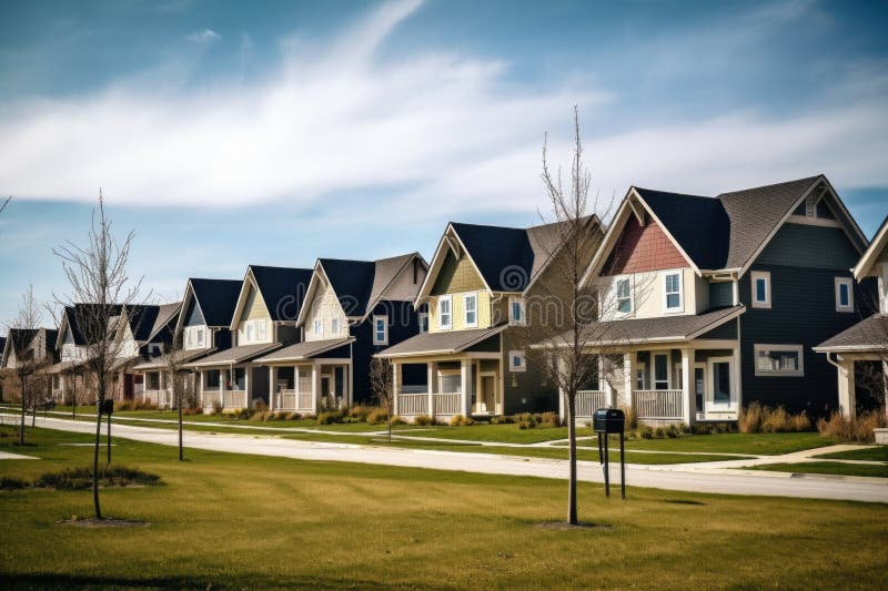 Suburb with Row of Houses, Each One Unique Stock Image - Image of ...