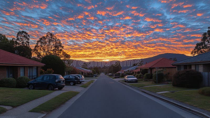 Suburb Street at Sunset with Striking Cloud Formations Stock ...