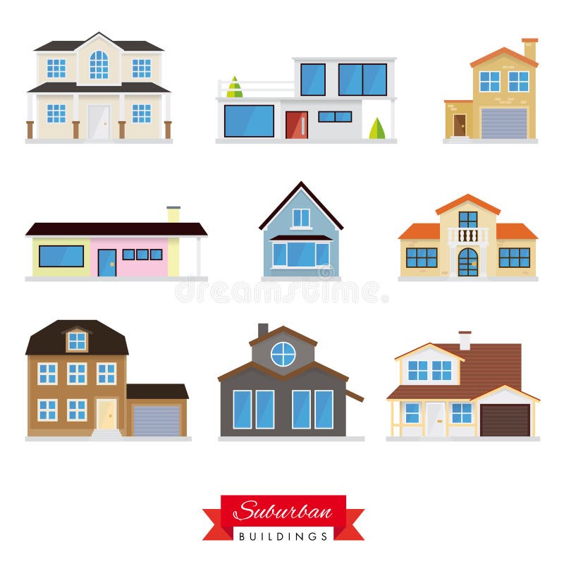 Suburban Buildings Vector Set Stock Vector - Illustration of background ...
