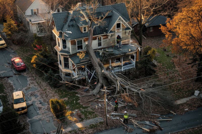 Suburban Home Damaged by Fallen Tree at Twilight Stock Image - Image of ...