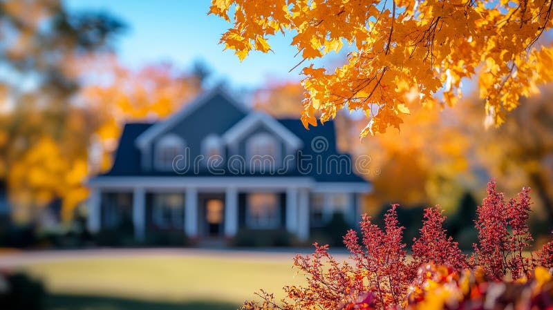 Suburban Home with Fall Foliage in Focus Stock Photo - Image of season ...