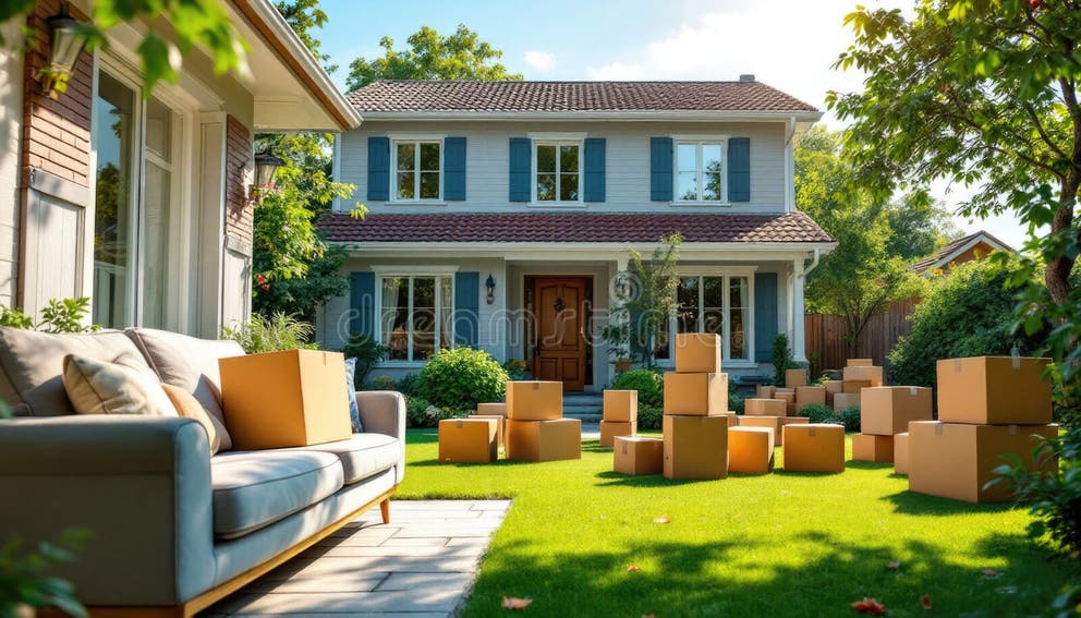 Suburban Home with Moving Boxes in Lush Front Yard Stock Image - Image ...