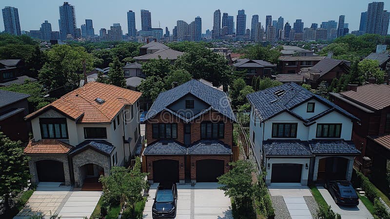 Suburban Homes with Varied Rooftops in Urban Setting Stock Illustration ...