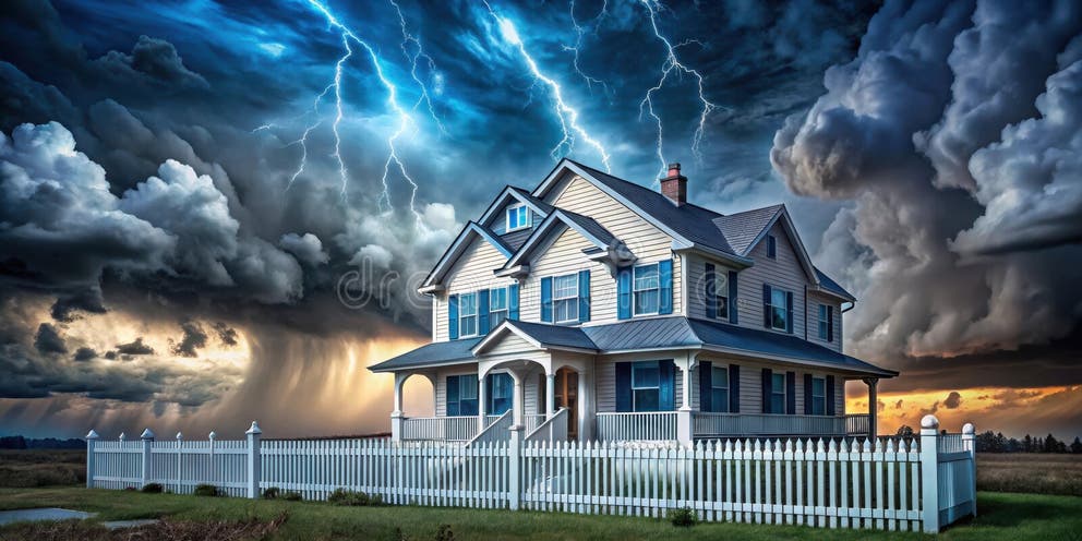 Suburban House during a Dramatic Thunderstorm with Lightning Strikes ...