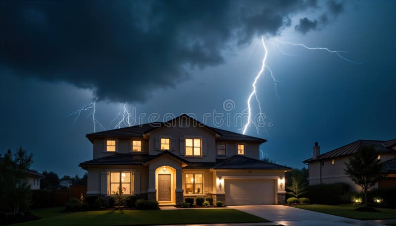 Suburban House Illuminated at Night during Dramatic Thunderstorm ...
