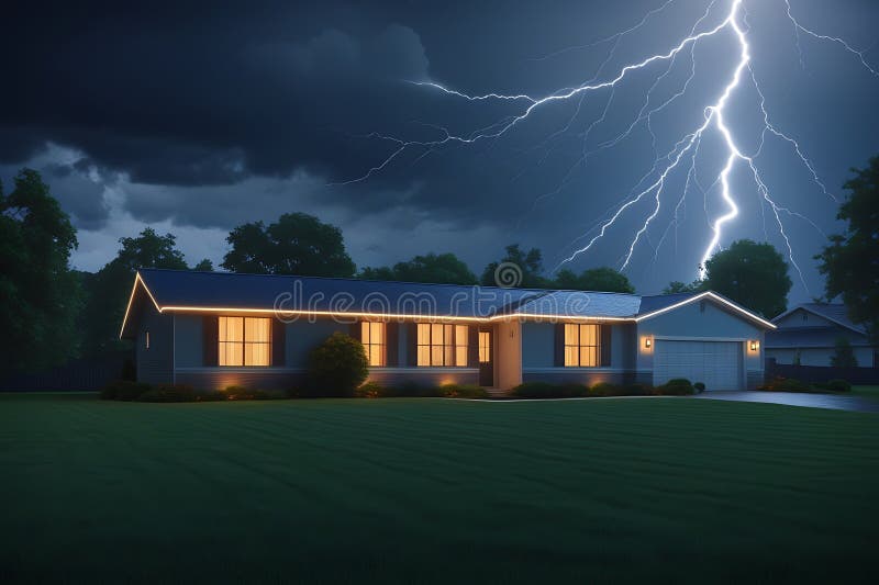Suburban House with Lightning Bolts in the Sky during a Storm Stock ...