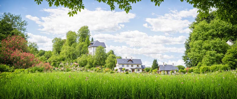 Suburban Houses among Lush Greenery Stock Illustration - Illustration ...
