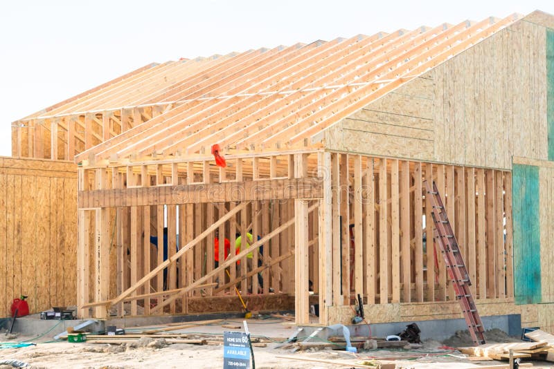 Suburban Single-Family House Construction: Framing Stage Progress Stock ...