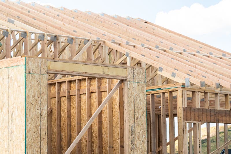 Suburban Single-Family House Construction: Framing Stage Progress Stock ...