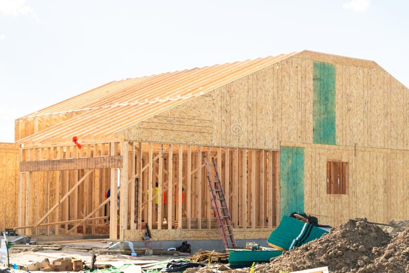 Suburban Single-Family House Construction: Framing Stage Progress Stock ...