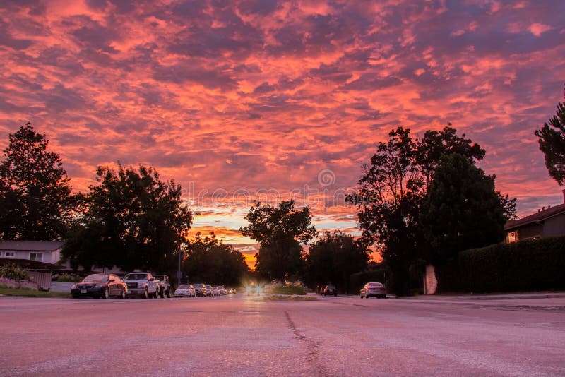 Suburban Street during Sunset Stock Photo - Image of clouds, twilight ...