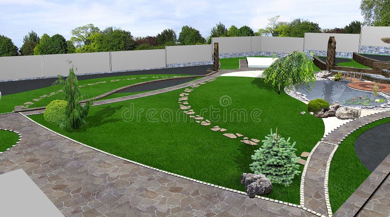 Backyard Design Ideas, 3d Render Stock Photo - Image of landscaping ...