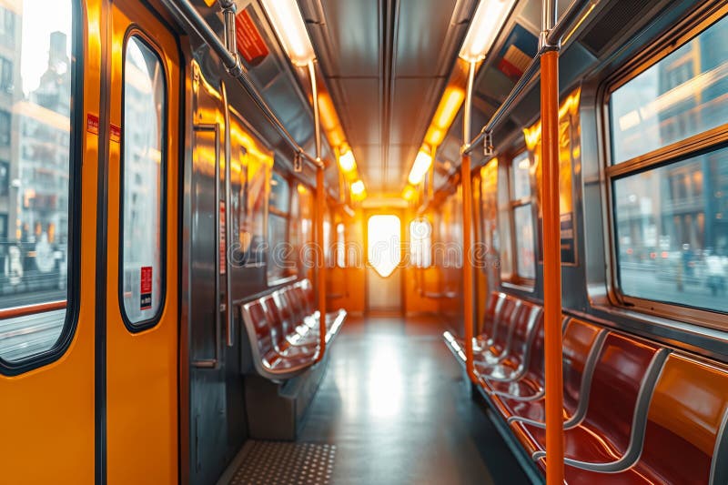 Subway Car Interior with Bright Orange Seats and Decor. Stock Image ...