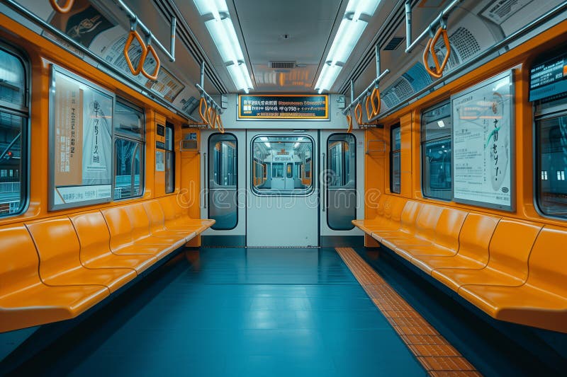 A Subway Car Interior Featuring Vibrant Orange Seats and a Contrasting ...