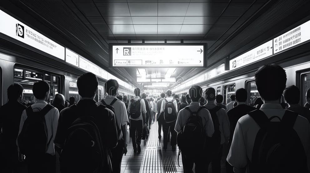 Subway Commute in Monochrome Stock Illustration - Illustration of ...