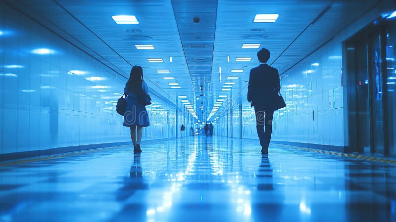 Subway Commuters Walking, Blue Hallway, City Transit, Background Blur ...