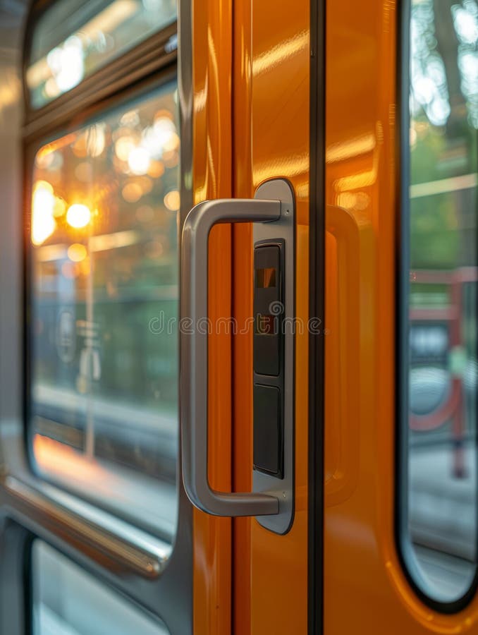 Subway Door Handle with Sunrise Reflection, Bright Interior Stock Photo ...