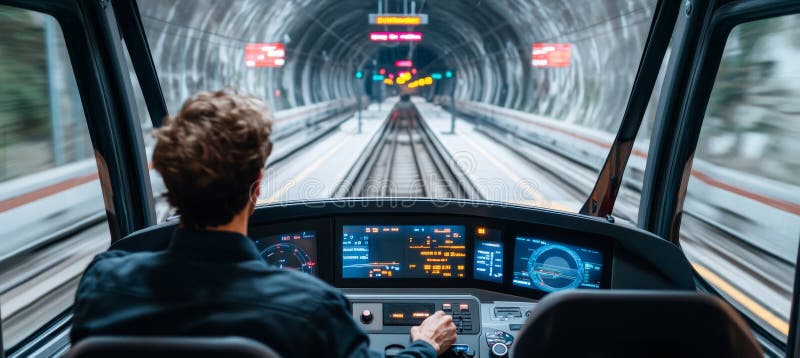 Subway Driver Inside Modern, High-Speed Train Cabin, Urban ...