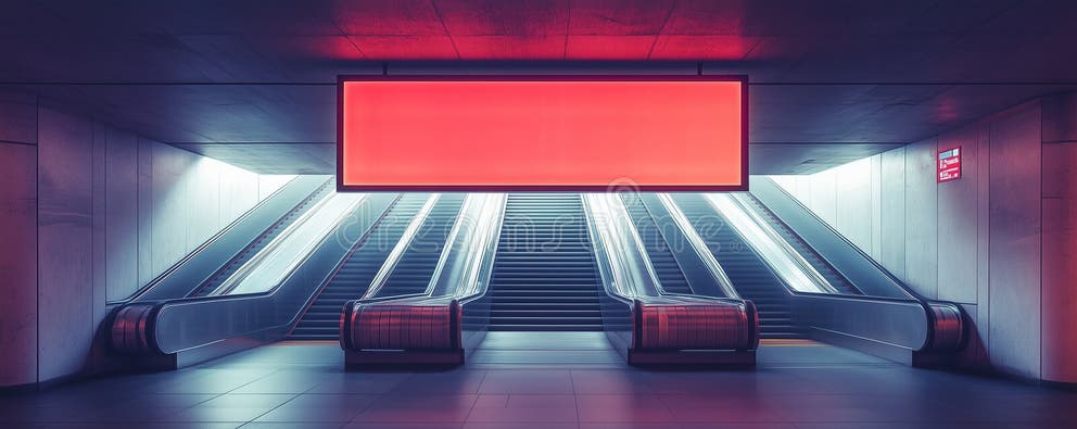 Subway Exit Featuring Unlit Rectangular Sign with Escalators in a ...