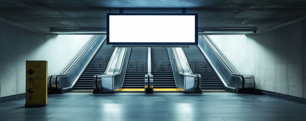 Subway Exit with Unlit Rectangular Sign and Escalators Leading Upward ...