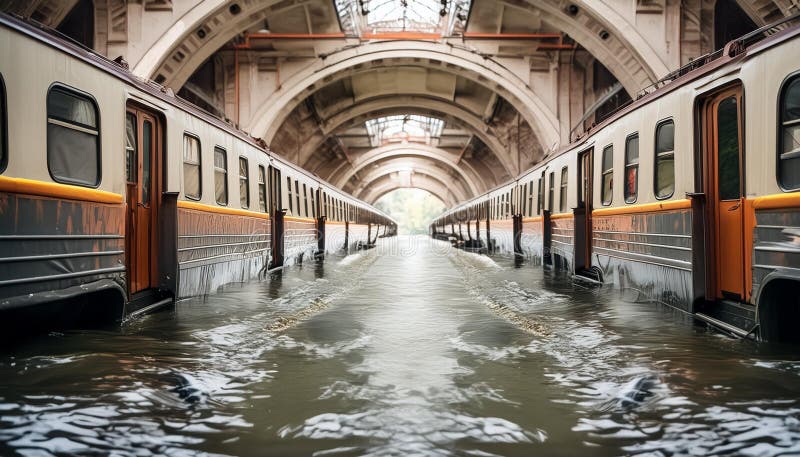 Subway Flood. Post-apocalypse Concept Stock Illustration - Illustration ...