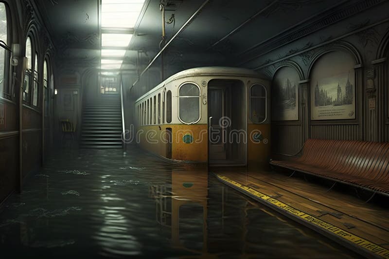 Subway Flood. Post-apocalypse Concept Stock Illustration - Illustration ...