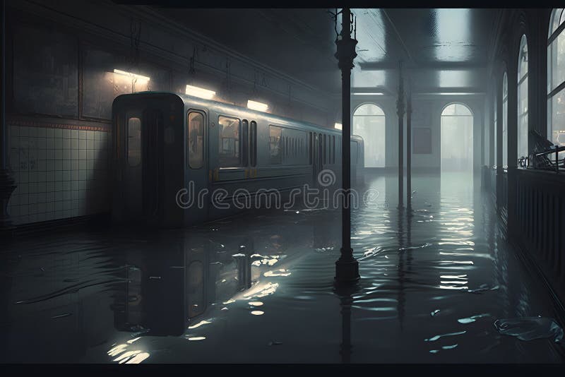Subway Flood. Post-apocalypse Concept Stock Illustration - Illustration ...