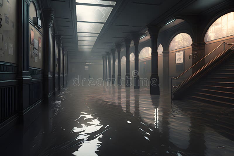 Subway Flood. Post-apocalypse Concept Stock Illustration - Illustration ...
