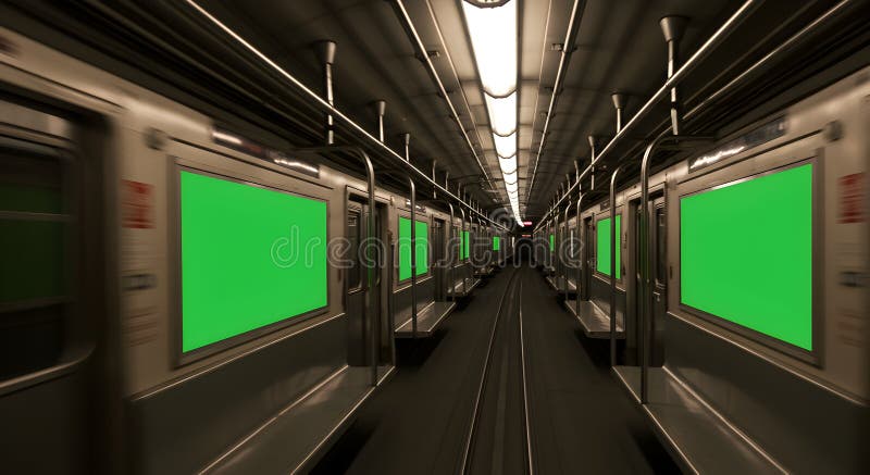Subway Interior with Green Screens for Advertisement Mockups while in ...